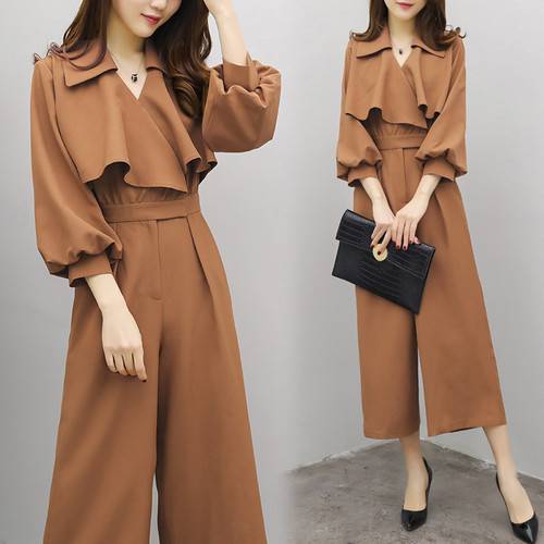 ドレープオールインワン 大きい襟 胸元フリル バルーン袖 七分袖 ガウチョパンツ 可愛い フェミニン エレガント 通勤 お呼ばれ 入学式