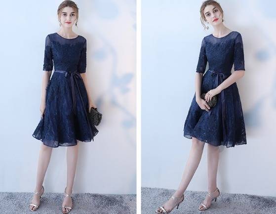 レースチュールドレス 5分袖 半袖 ひざ丈 ウエストリボン フレア Aライン フェミニン 総レース ワンピース ドレス 結婚式 二次会 入学式