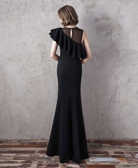 パーティードレス フィッシュテール フリル ロング タイト スリット ペンシル エレガント セクシー ワンショルダー風 無地 結婚式 パーティードレス フィッシュテール フリル ロング タイト スリット