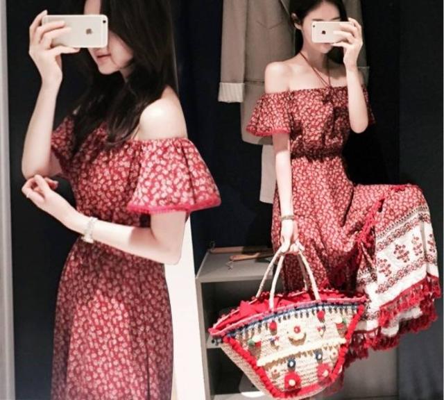 ロングワンピース オフショルダー トレンド 2色 フリル ロング丈 エスニック調 プリント 花柄 パーティー リゾート 旅行 2018年新作