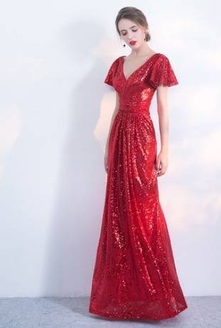 パーティードレス スパンコール ?ネック 半袖 結婚式 6色 マキシ丈