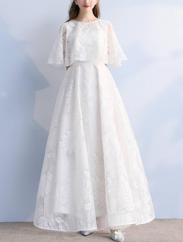 ロングドレス 演奏会 パーティードレス イブニングドレス 春夏 結婚式 二次会 披露宴 ホワイト 大きいサイズ ロング丈 マキシ丈 半袖 袖あり Aライン Xライン フレア レース 花柄 ボタニカル柄 透け感 シースルー ラウンドネック 20代 30代 大人かわいい