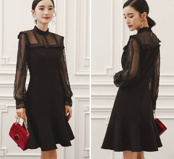 ワンピースドレス 春夏 デート 大きいサイズ 20代 ミニ丈 長袖 袖あり ハイネック レース 無地 Aライン フェミニン きれいめ 黒