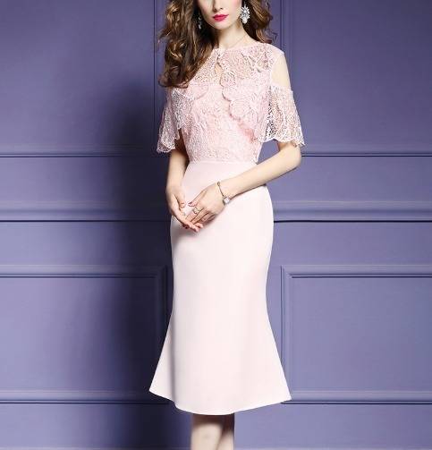 タイトドレス レース オープンショルダー 2色 異素材ミックス 膝下丈 ミディ丈 エレガント パーティー 結婚式 二次会 お呼ばれ