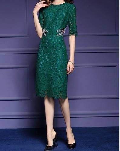 パーティードレス 総レース 花柄 トンボビジュー 五分袖 ワンピース 2色 ストレート ミディ丈 クルーネック スカラップ ボタン