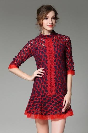 パーティードレス 花柄 レース 七分袖 ミニ丈 大人可愛い Aライン ハイネック 縁取り フェミニン パーティー 結婚式 二次会 お呼ばれ