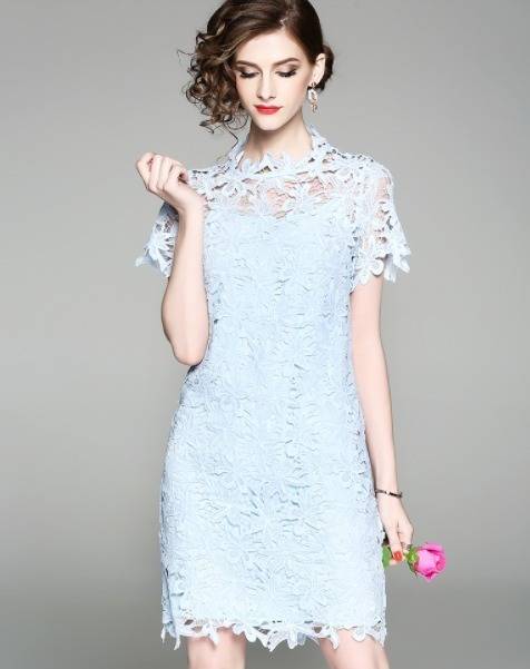 パーティードレス 花柄 レース 半袖 ミニ丈 透け感 スカラップ クルーネック タイト ペンシル エレガント パーティー 結婚式 二次会