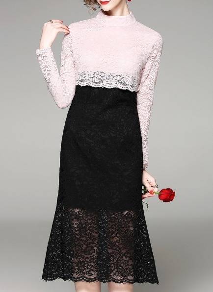 パーティードレス レース 長袖 バイカラー 透け感 ミモレ丈 タイト エレガント パーティー 結婚式 二次会 お呼ばれ ワンピース