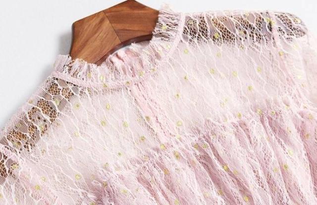 パーティードレス 可愛い レース ドット クルーネック 七分袖 フレア
