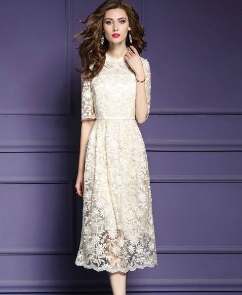 ロングドレス 袖あり パーティードレス ワンピースドレス 春夏 デート 女子会 記念日 ホワイト 大きいサイズ ロング丈 ミモレ丈 長袖 Iライン ストレート 刺繍 レース 花柄 透け感 シースルー ビジュー パール 襟付き 20代 30代 ガーリー