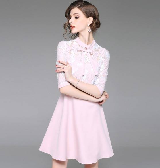 パーティードレス 花柄 レース アクセサリーリボン ミニ丈 フレア Aライン 異素材ミックス 七分袖 可愛い パーティー 結婚式 二次会