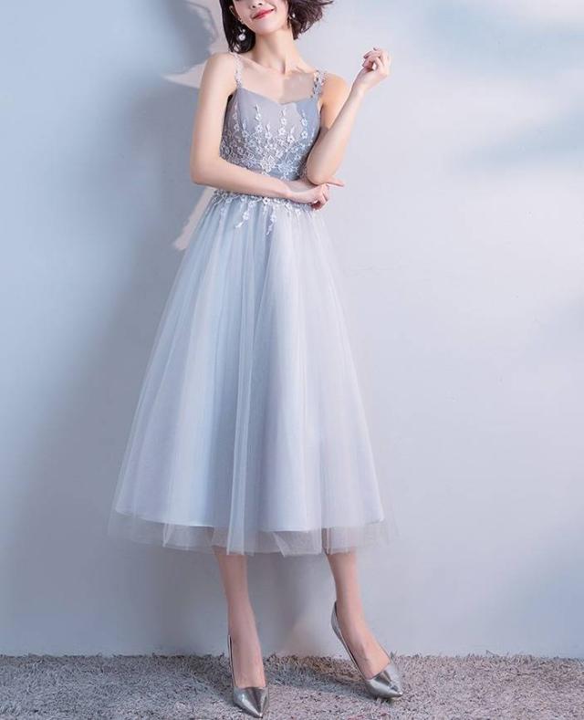 パーティードレス 花柄 レース Aライン ミモレ丈 ノースリーブ ストラップドレス チュール エレガント フェミニン パーティー 結婚式