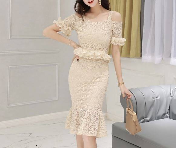 トップス＆マーメイドスカート セットアップ ツーピース レース フリル スリム オープンショルダー 膝丈 ミディ丈 タイト 無地