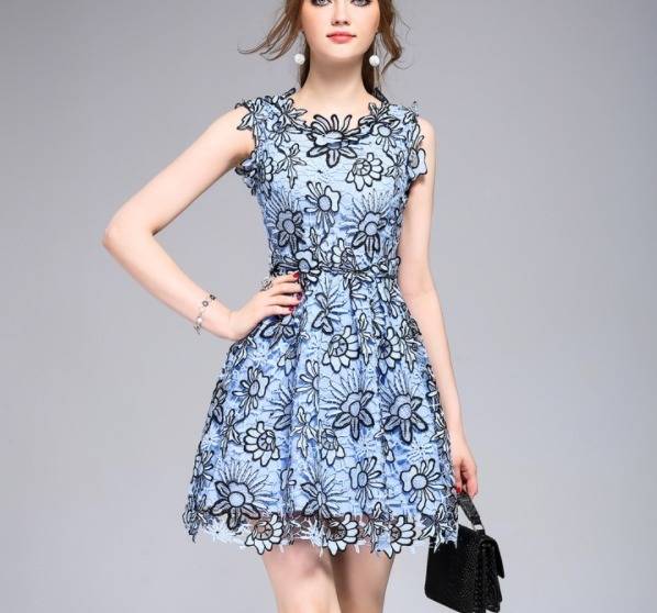 パーティードレス 花柄レース ノースリーブ クルーネック ミニ丈 フレア エレガント 華やか パーティー 結婚式 二次会 お呼ばれ