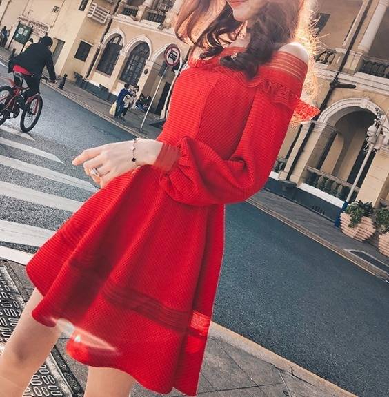 パーティードレス オフショルダー レース ミニ丈 長袖 パフスリーブ フレア フリル Aライン 無地 可愛い パーティー 結婚式 二次会