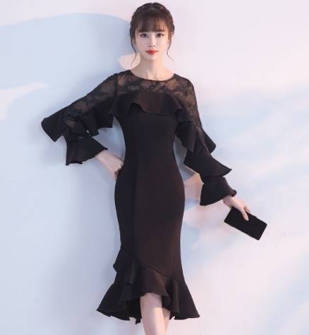 イブニングパーティードレス 可愛い ボートネック フリル マーメイド 膝丈 ミディ丈 タイト 長袖 フリル袖 ブラック パーティー 結婚式