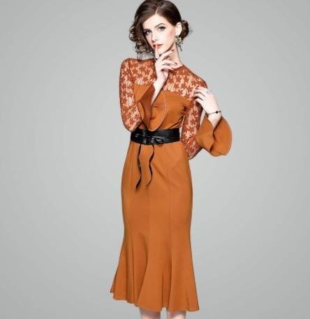 パーティドレス レース 異素材ミックス ２色 マーメイド 長袖 ミモレ丈 膝下丈 ラウンドネック 透け感 無地 エレガント パーティー