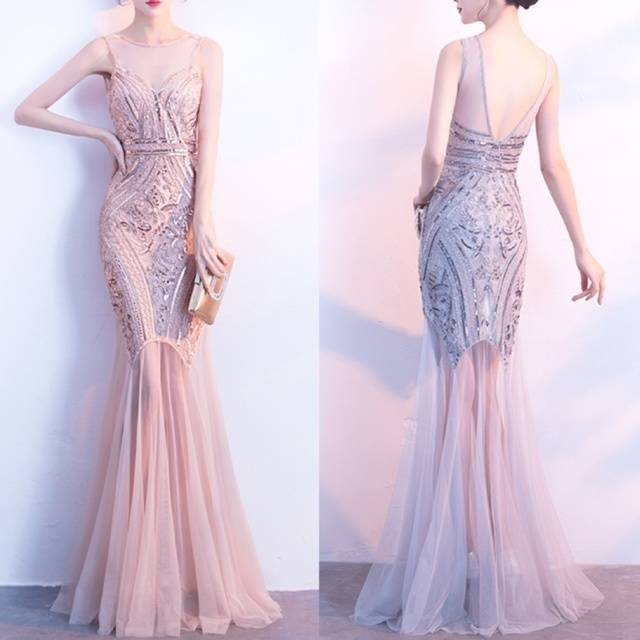 ロングドレス 黒 パーティードレス イブニングドレス 春夏 結婚式 二次会 披露宴 ブラック 大きいサイズ ロング丈 マキシ丈 ノースリーブ 袖なし マーメイドライン 刺繍 スパンコール 透け感 バックシャン ラウンドネック 30代 ゴージャス エレガント