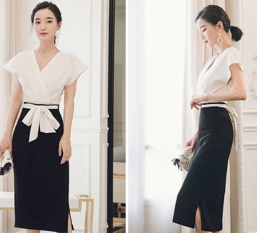 2点セットアップ ツーピース カシュクール ?ネック フレンチスリーブ モノトーン リボン ミモレ丈 タイト エレガント パーティー