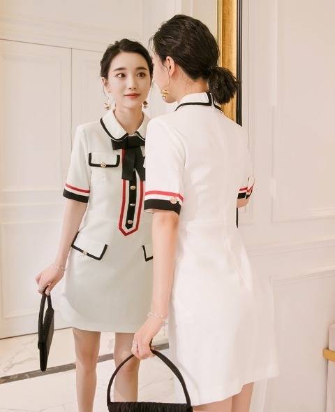 パーティーワンピース 可愛い リボン 半袖 Aライン ミニ丈 ミディ 襟付き ライン入り 女子会 同窓会 二次会 お呼ばれ フォーマル