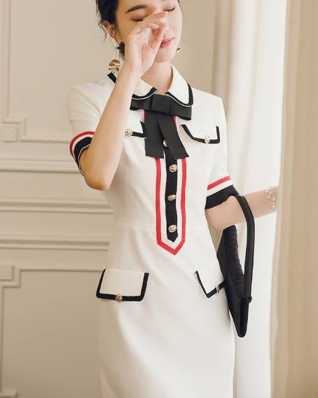 パーティーワンピース 可愛い リボン 半袖 Aライン ミニ丈 ミディ 襟