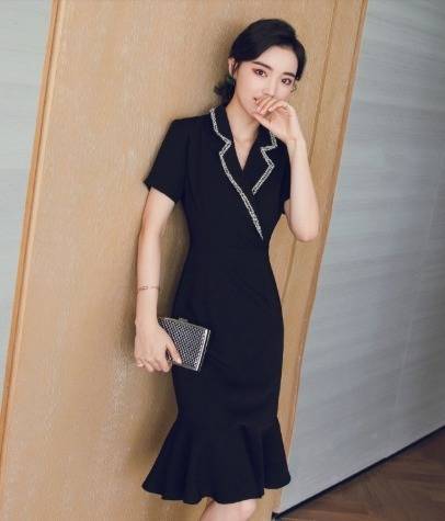 パーティードレス ハイウエスト ?ネック マーメイド 膝丈 半袖 無地 エレガント シック 黒 パーティー 結婚式 二次会 お呼ばれ