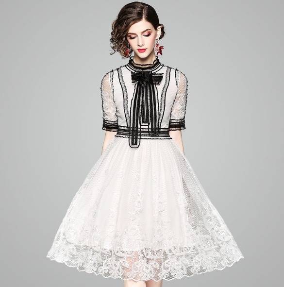 パーティードレス 可愛い レース リボン バイカラー 半袖 膝丈 Aライン 異素材ミックス エレガント パーティー 結婚式 二次会 お呼ばれ