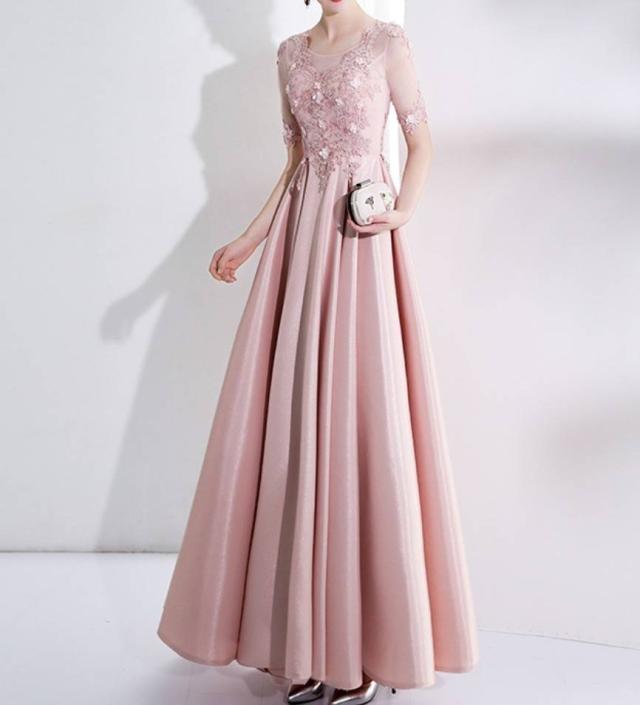 ロングドレス 黒 パーティードレス イブニングドレス 春夏 結婚式 二次会 披露宴 ピンク 大きいサイズ ロング丈 マキシ丈 半袖 袖あり Aライン Xライン フレア 刺繍 レース 透け感 光沢感 ラウンドネック 20代 30代 フォーマル フェミニン ガーリー