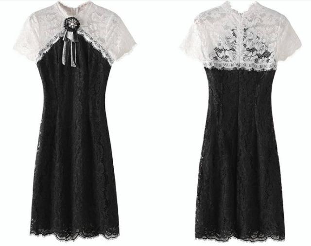 パーティードレス 花柄 レース バイカラー リボン ミニ丈 タイト 半袖