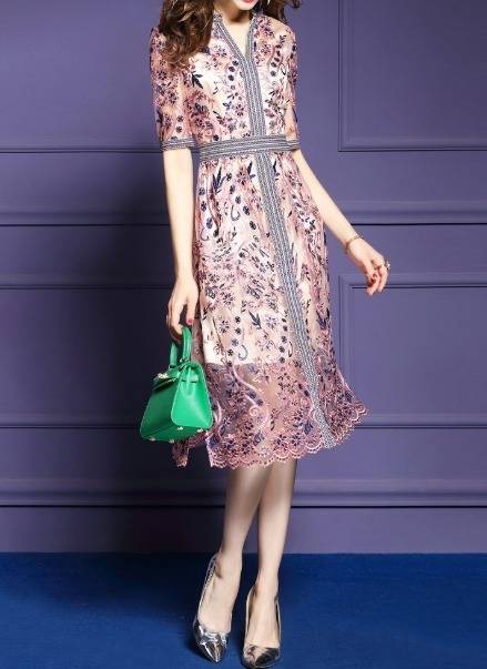 パーティードレス 花柄 レース 刺繍 2色 半袖 ラインデザイン 膝下丈