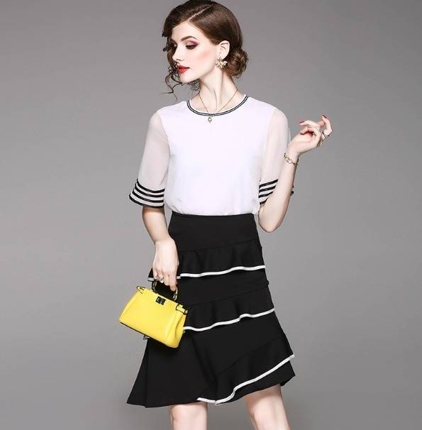 セットアップ ２点セット バイカラー 半袖 トップス＆フリルスカート ミニ丈 モノトーン カジュアル フェミニン パーティー 二次会