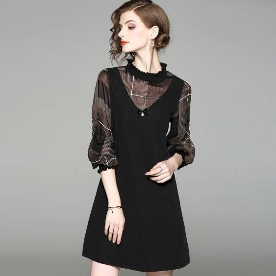 ワンピース チェック フレア Aライン フリル ハイネック フリルネック バルーン袖 七分袖 ミニ丈 膝上丈 異素材ミックス 可愛い