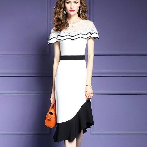パーティードレス バイカラー フリル スリム レース タイト 膝丈 ミディ丈 ラウンドネック フレア 異素材ミックス マーメイド