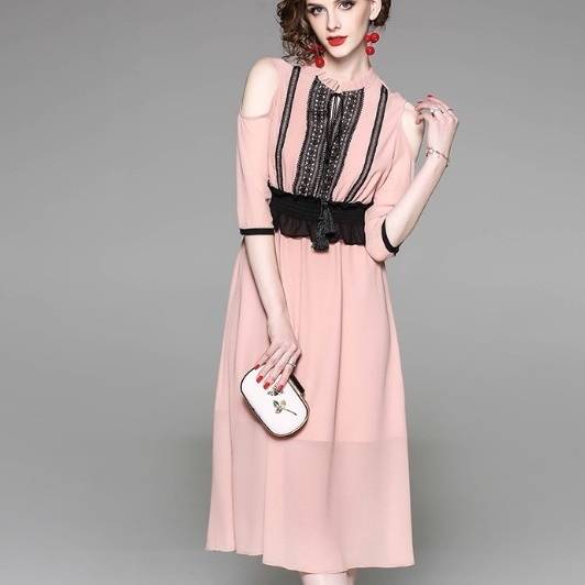 パーティードレス レース 七分袖 オープンショルダー ２色 膝下丈 Aライン シフォン フリルネック フレア フェミニン エレガント