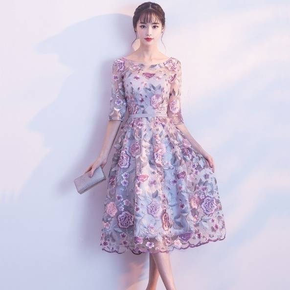 ロングドレス 演奏会 パーティードレス イブニングドレス 春夏 結婚式 二次会 披露宴 パープル 大きいサイズ ロング丈 ミモレ丈 五分袖 半袖 袖あり Aライン Xライン フレア 刺繍 レース 花柄 透け感 シースルー ラウンドネック 20代 30代 フェミニン ガーリー