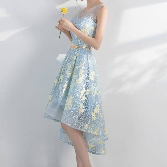 ワンピースドレス 刺繍 花柄 ノースリーブ フィッシュテール ボートネック シースルー ベルト 膝丈 フレア フェミニン エレガント