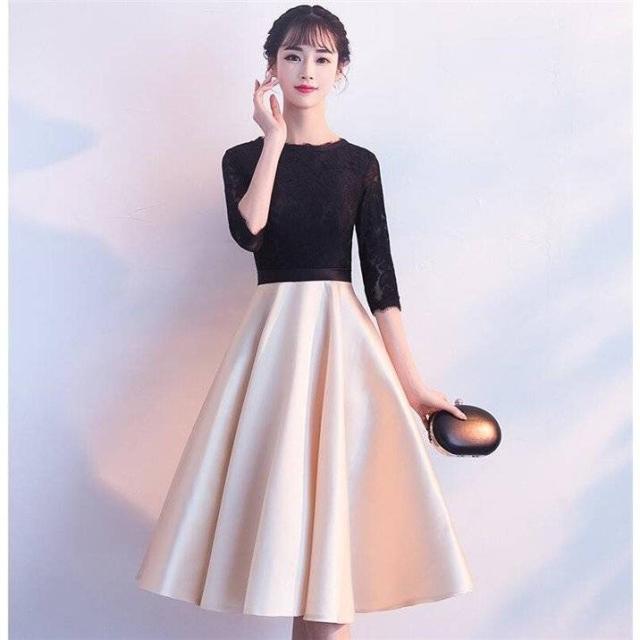 パーティードレス バイカラー レース 五分袖 ミモレ丈 膝下丈 ボートネック クルーネック フレア Aライン エレガント パーティー