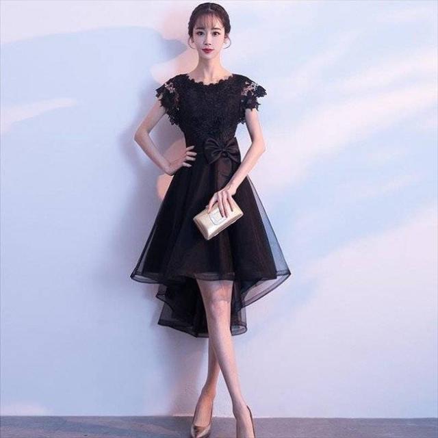 パーティードレス 花柄 リボン 刺繍 シフォンドレス 半袖 ミディアム フィッシュテール フレア Aライン ウエストリボン 無地