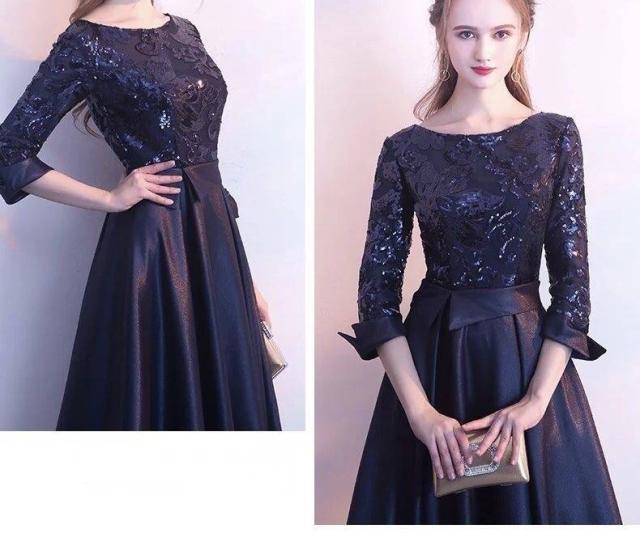 パーティードレス スパンコール 刺繍 サテン 5色 七分袖 ボートネック