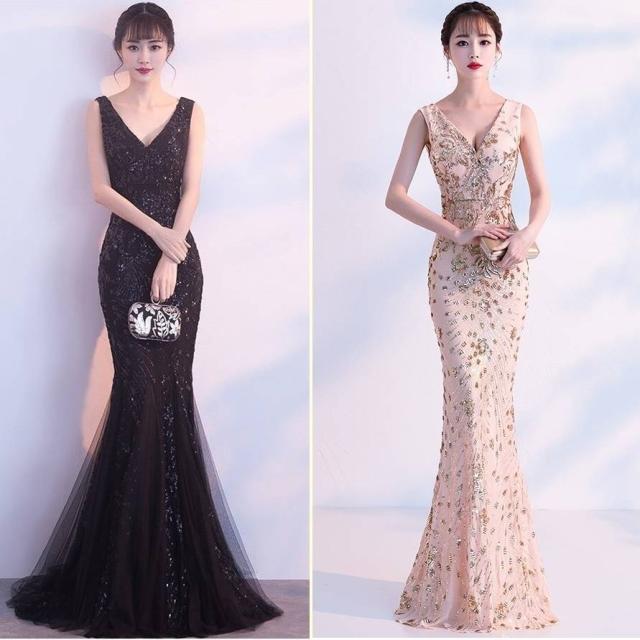 ロングドレス 黒 パーティードレス イブニングドレス 春夏 結婚式 二次会 披露宴 ブラック 大きいサイズ ロング丈 マキシ丈 ノースリーブ 袖なし Iライン タイト マーメイドライン スレンダーライン 刺繍 花柄 ビジュー チュール Vネック 20代 30代 大人 ゴージャス