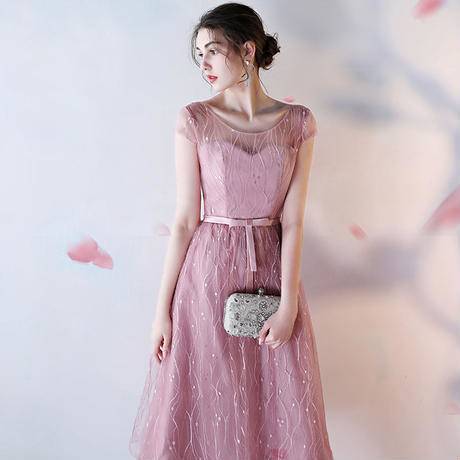 パーティードレス 透け感 半袖 キャップ袖 ミディ丈 膝下丈 チュール フレア Ａライン Ｕネック ウエストマーク フェミニン エレガント