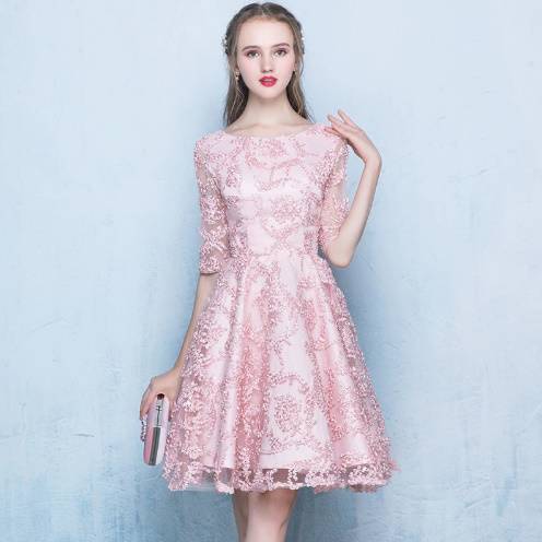 パーティードレス レース 刺繍 5分袖 ボートネック ショート フレア Ａライン ミニ丈 膝上丈 ５色 フェミニン エレガント パーティー