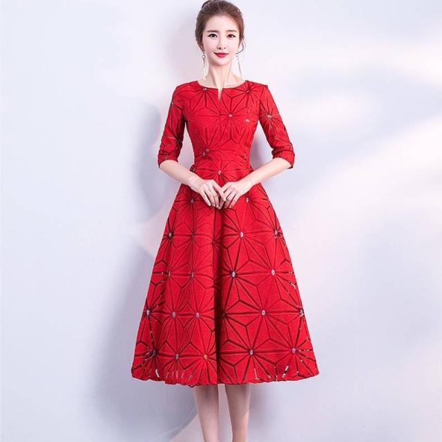 パーティードレス ４色 レース 麻の葉 キーネック 七分袖 膝丈 ミディ丈 フレア Ａライン 鮮やか フェミニン エレガント パーティー