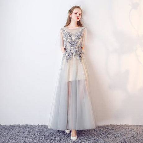 パーティードレス 花柄 花びら レース チュール 透け感 五分袖 ロング マキシ丈 フレア Ａライン 上品 フェミニン エレガント