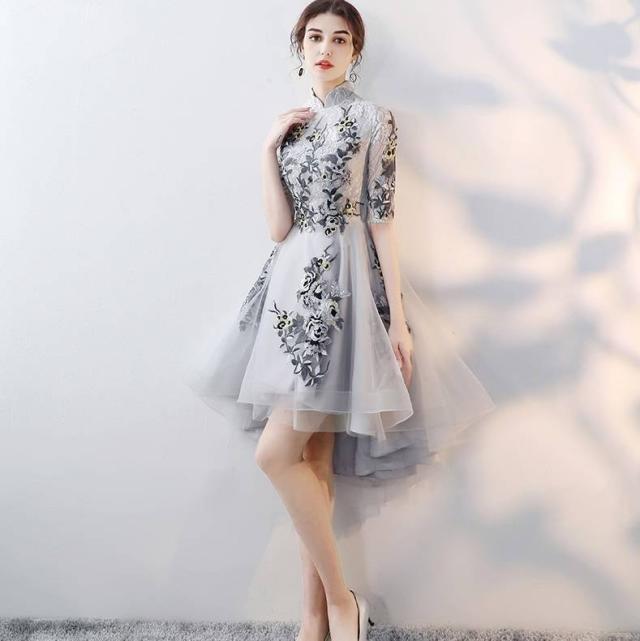 パーティードレス 花柄 レース 五分袖 ハイネック チュール ミニ丈 フレア Ａライン 上品 華やか フェミニン エレガント パーティー