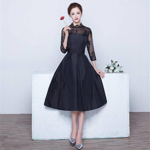 パーティードレス 花柄 レース 7分袖 透け感 レースネック ハイネック フレア Ａライン 膝下丈 ミモレ丈 フェミニン エレガント