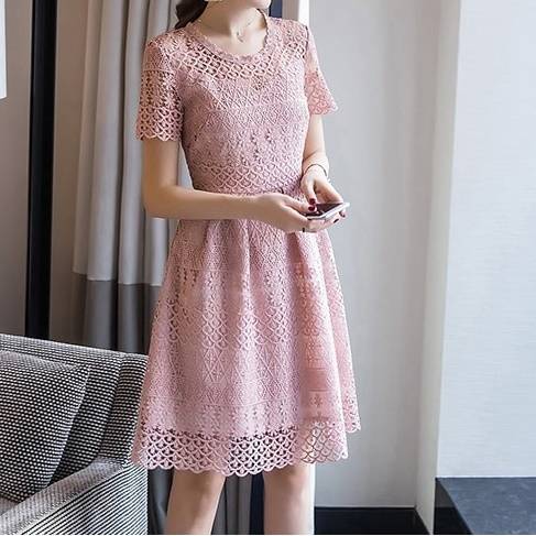 パーティードレス 花柄 レース Ｕネック スカラップ 半袖 ミニ丈 ショート フレア Ａライン 透け感 フェミニン エレガント パーティー