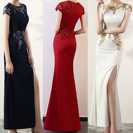 ロングドレス 黒 パーティードレス チャイナドレス 春夏 結婚式 二次会 披露宴 ブラック 大きいサイズ ロング丈 マキシ丈 ノースリーブ 半袖 袖あり タイト 刺繍 ビジュー ビーズ 透け感 シースルー スリット ラウンドネック 20代 30代 セクシー ゴージャス