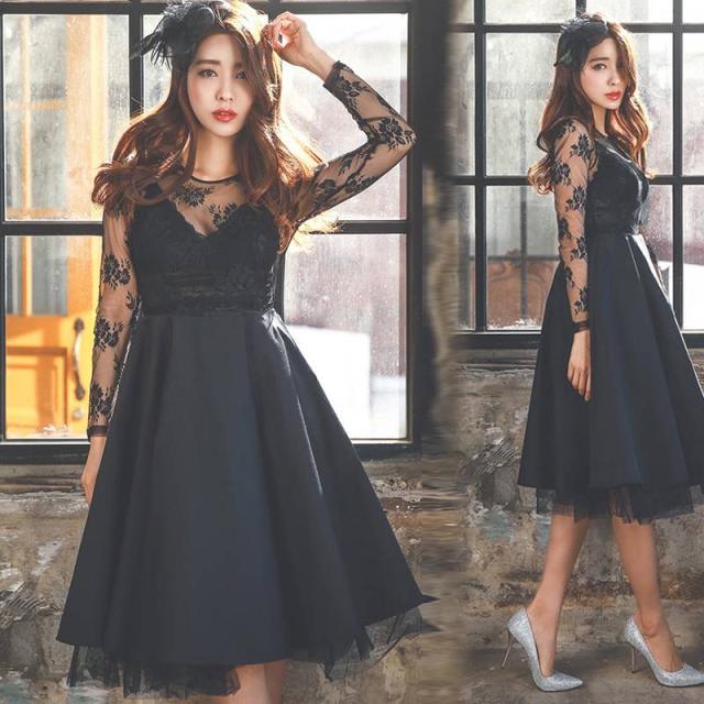パーティードレス レース シースルー 花柄 ラウンドネック 長袖 ミディ丈 膝丈 フレア Ａライン フェミニン エレガント パーティー