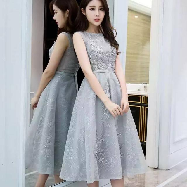 パーティードレス 花柄 レース ノースリーブ ラウンドネック フレア Ａライン 膝下丈 ミモレ丈 フェミニン エレガント パーティー